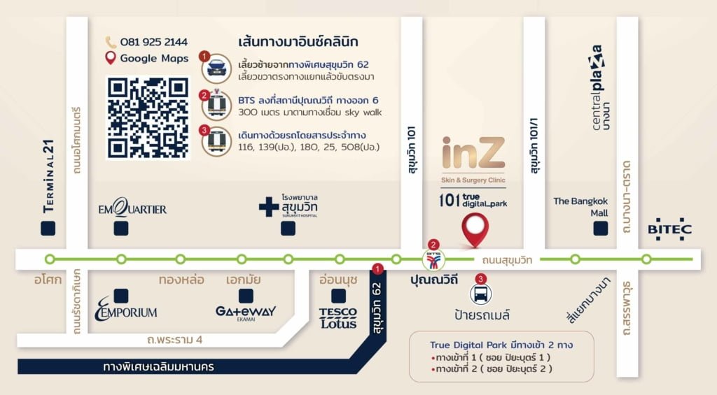 ช่องทางการติดต่อและการเดินทางมาคลินิค - inZ Clinic